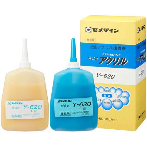 【特長】●遅硬化型のアクリル系接着剤です。大きな面積への塗布が可能です。建築用のドア・間仕切り、看板組立、家具組立、自動車部品、車輌ドア、マグネットの接着などご使用できます。【仕様】●色(主剤/硬化剤)：淡黄色／青色●容量(g)：600●可...