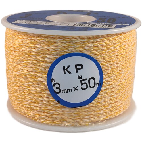 【特長】●強力なポリエチレンの特性を生かし作業性をアップさせる為にエステル糸を混ぜ、軽量・強力・作業性が良いロープです。【用途】●一般作業などの各種結束。【仕様】●色：黄●線径(mm)：3●長さ(m)：50●包装形態：ボビン巻【材質／仕上】...