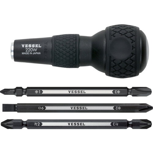 【特長】●電動ドライバー用ビット（対辺6.35mm）を差し込んで、ハンドドライバーとして使用できる“ボールグリップ ビット差替えグリップ”と、3種の両頭ビットのセットです。●グリップは使い慣れたボールグリップです。●［［＋］］1と［［＋］］...