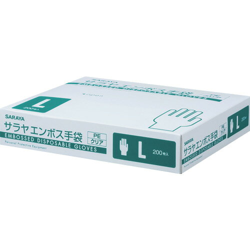【特長】●コストパフォーマンスに優れたポリエチレン製エンボスタイプの手袋です【用途】●使い捨て手袋として。【仕様】●色：クリア●サイズ：L●全長(cm)：28.5●中指長さ(cm)：7.5●厚さ(mm)：0.02●粉(あり・なし)：なし●エ...