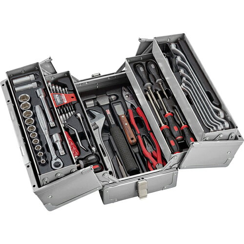 【特長】●自動車整備向けに欠かせない工具を厳選した工具セットです。●天面フラットV形3段式メタルケース、全段プラスチックトレー付きです。【用途】●オートメカニック用。●主に自動車の組み立て・整備に。他にもあらゆる分野で活躍しています。【仕様...