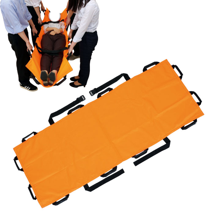 収納袋つきで丈夫な布製の折りたたみ担架 耐荷重80kgの簡易担架 製品仕様 　使用時サイズ：約1800×700mm 　耐荷重：80kg 　収納サイズ：505×385×50mm 　重量：約1.9kg 　材質：ナイロン 　　収納袋つきで丈夫な布...