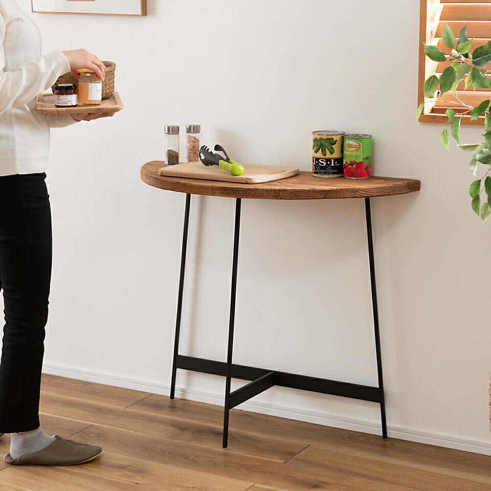 ■コンソール 風合い 半円 シチュエーション デザイン コンソールテーブル テーブル 木製 幅83cm 天然木 無垢 パイン 古材 三日月型 バックカウンター ソファ裏 ソファー 後ろ アイアン 脚 ブラック 黒 ナチュラル ブラウン 木目...