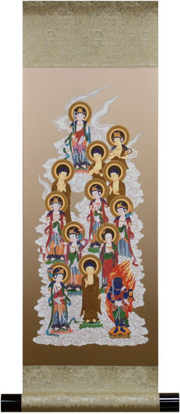 　十三佛 　十三回の追善供養(初七日～三十三回忌)を司る 　それぞれの仏様達が描かれた十三佛です。 　飾る場所を場所を選ばない、小さいサイズの掛軸です。 　床の間・和室にこだわらず、 　お好きな場所に飾っていただけます。 　十三佛は古くから...