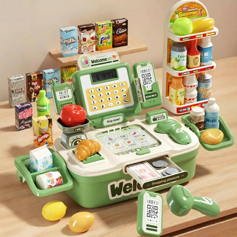 3歳からのお店屋さんごっこ！ レジが収納BOXに大変身！ 本格お買い物体験！こちらのレジスターセットは、お子様のごっこ遊びをぐっと豊かにする本格的なおもちゃです。 商品やミニ棚、そして本体が収納ボックスに変身する楽しい仕掛け付き！ 遊んだ後...