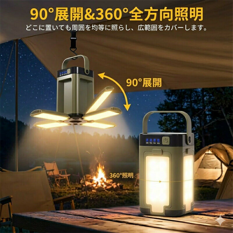 商品特徴【1台3役多機能LEDランタン】 ランタン、懐中電灯、モバイルバッテリーの3役をこなす進化型LEDライト。独自の4枚羽構造で、羽を広げれば360度全方位照明が可能なランタンに、畳めば強力な懐中電灯としても使用できます。 【ソーラー充...