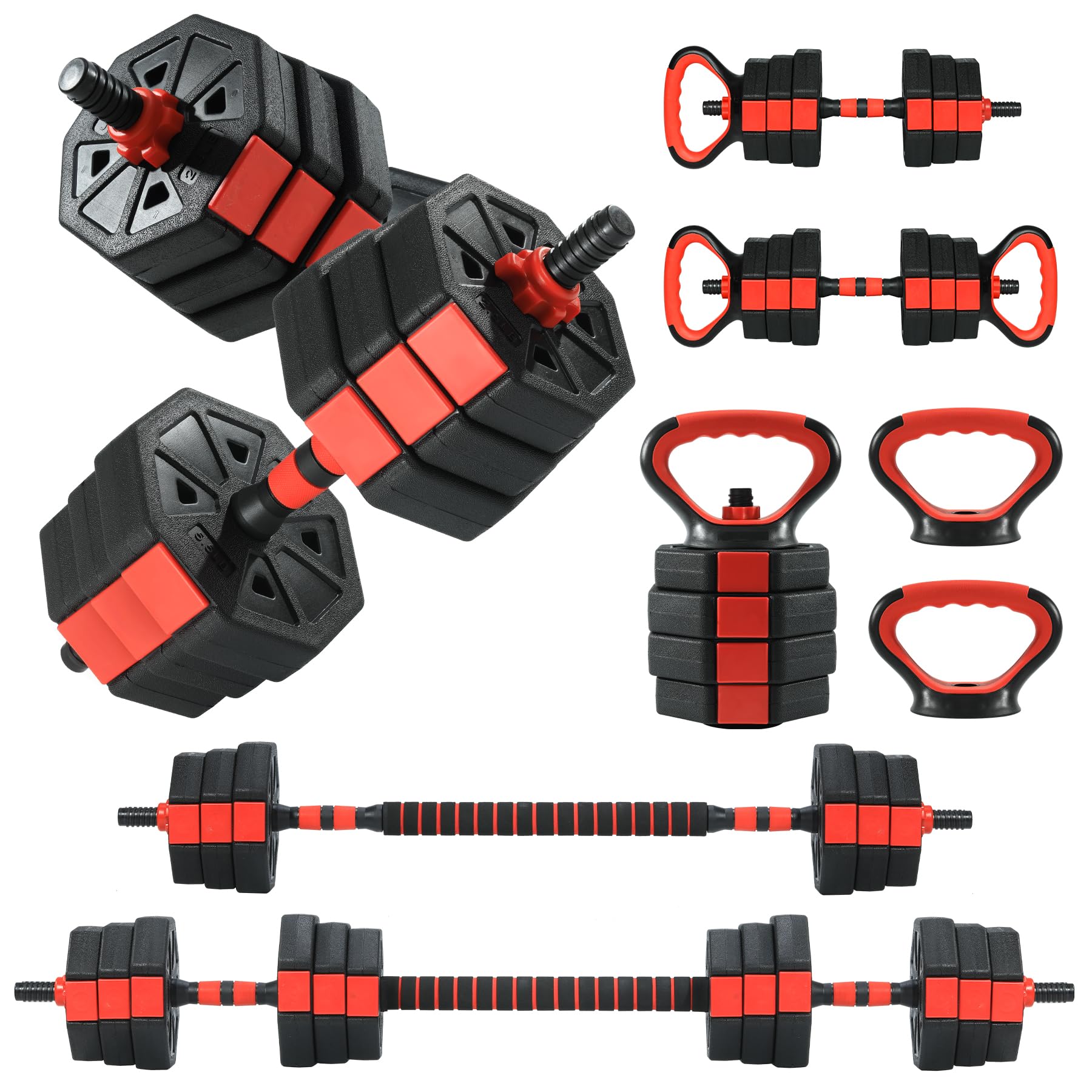 商品名4in1可変式ダンベルセット商品仕様セット内容： ・ウェイトプレート（1kg×4、1.5kg×4、2kg×4） ・ダンベルハンドル×2 ・バーベル連結シャフト×1 ・ケトルベルハンドル×2＋ベースロッド×1 ・ロックナット×4、ロック...