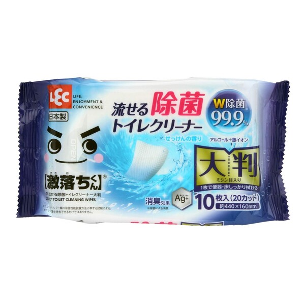 商品名レック 激落ちくん 流せる 除菌 トイレクリーナー 大判 10枚入説明爽やかなせっけんの香りのトイレクリーナー。トイレの拭き掃除と除菌ができる銀イオン配合のウエットシートです。便器、便座、タンク、床などトイレ内の拭き掃除に。ミシン目入...