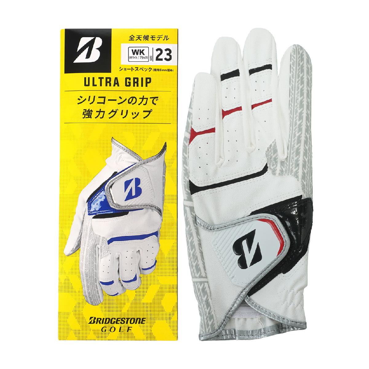 ULTRA GRIP グローブブリヂストン / BRIDGESTONE GOLF商品の特徴●「スリップレスバイト」加工：手のひら側にシリコーンプリントを施し、密着性を高めることでスイング時のグローブとグリップ部のズレを抑制。＊グリップ力：前...