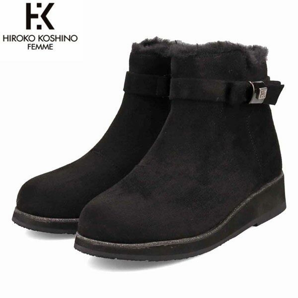 【撥水加工】HIROKO KOSHINO FEMME　ファー付き スエード調ショートブーツ HRL4002内ファスナー付きなので脱ぎ履きも楽に出来るブーツです。足首丈で細くまたシルエットが綺麗に見えるデザイン。甲の素材は本革に見える上質な合...