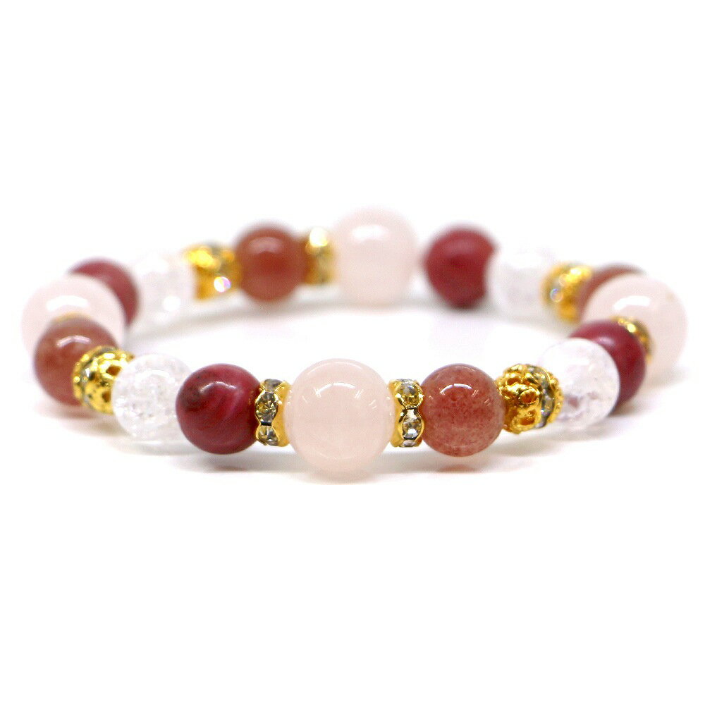 ◆玉サイズ（約） ローズクォーツ：10mm モスコバイト：8mm クラッシュクリスタル：8mm ピーモンタイト：8mm ロンデル：直径約6mm ロンデルボール：直径約6mm ◆腕回りサイズは約15cmとなります。 ＊各種ビーズによっては玉サ...