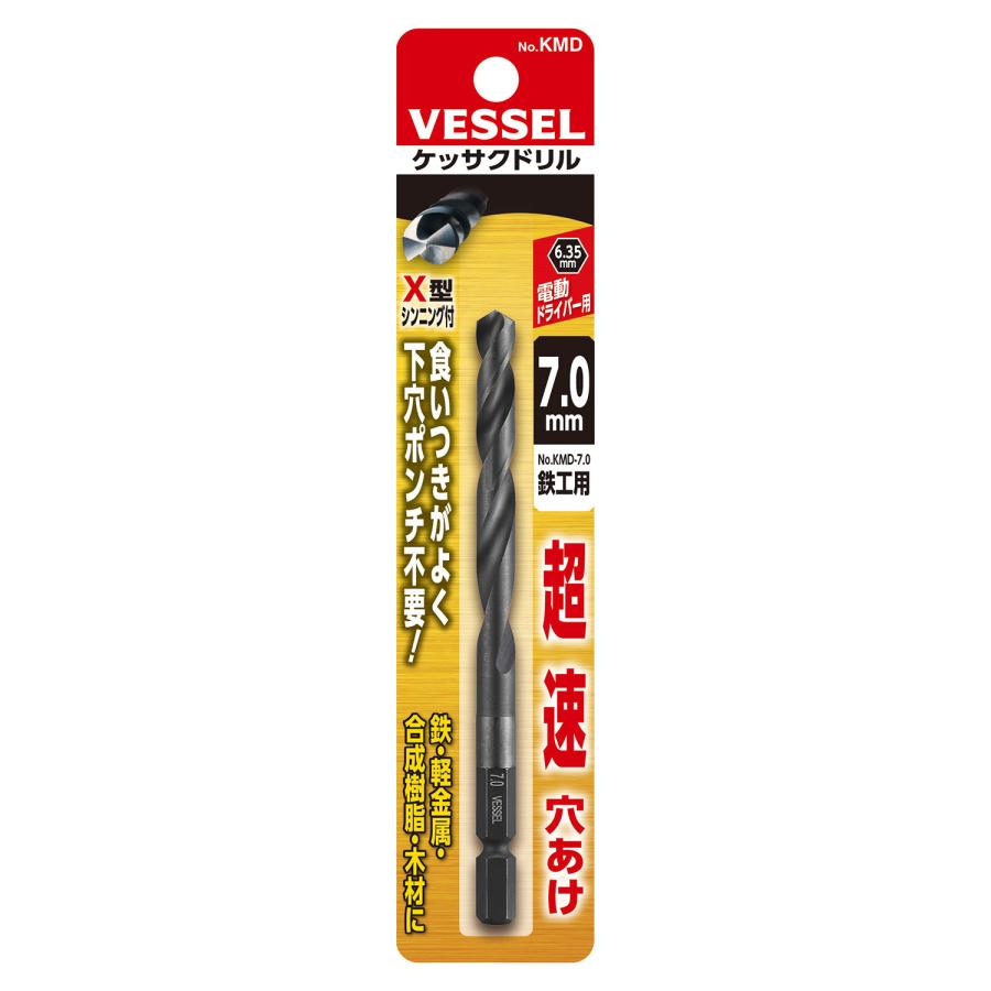 ●先端と根元で角度が違う変則らせんで切粉の排出が良く作業性がアップ。 ●X形シンニングで食い付き性がよく、下穴ポンチ不要。 [仕様] 刃先区分：ドリル 丸軸径：7mm ドリル溝長：65mm 本体全長：109mm 本体重量：21g