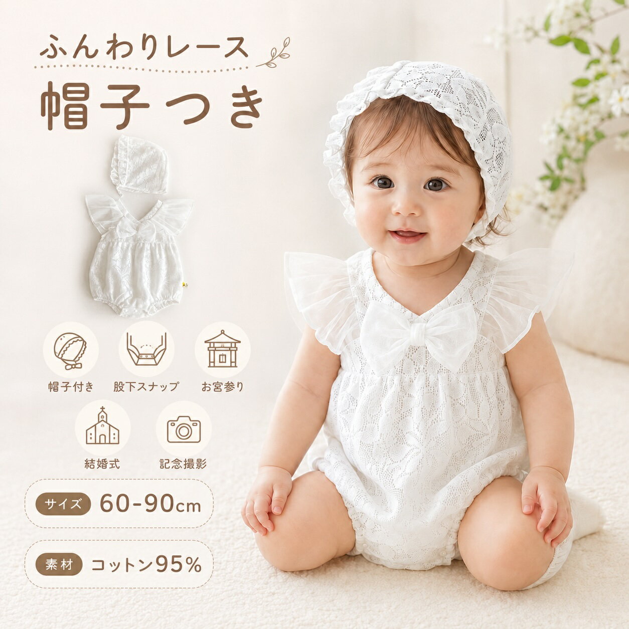 ＼ 帽子付きで上品なおめかしコーデ完成 ／ 繊細なレースと大きなリボンが目を惹く、帽子付きのおめかしロンパースです。 ふんわりとしたチュールフリルが華やかさを演出し、赤ちゃんの可愛らしさをより引き立てます。 おそろいのレース帽子付きなので、...