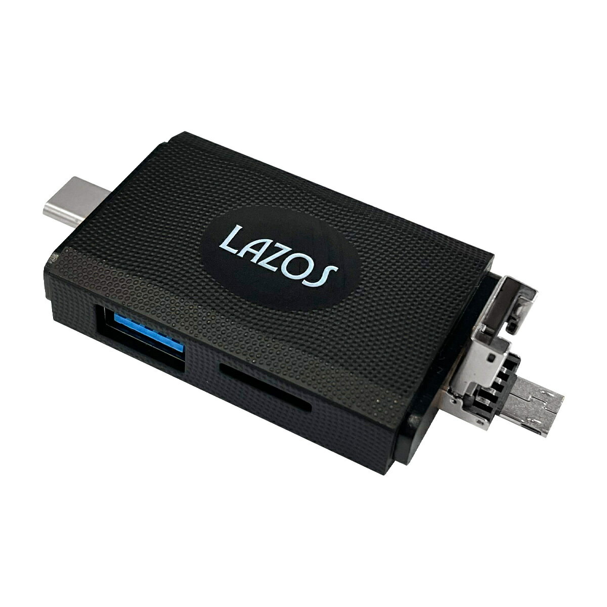 Lazos　マルチカードリーダー microUSB/Type-C/USBプラグ　L-MCR-M ・USB3.0対応で高速データ転送できるマルチカードリーダー・3プラグ、3ポート搭載で各種デバイスに対応 ・microUSB/Type-C/US...