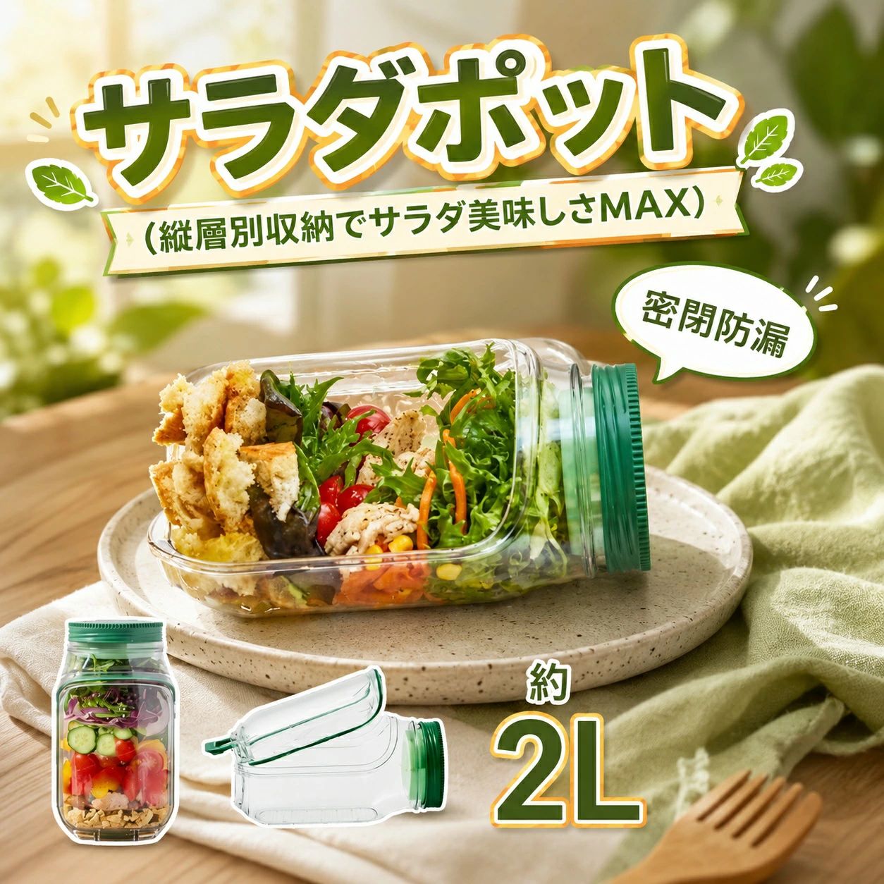 商品名サラダポット素材SL、PP、PC、シリコン発送状態ボックス発送サイズ19*10.5*10.5cm 重量約264gカラーグリーン、オレンジ商品コメント●食材別々で鮮度長持ち垂直仕切り設計で具材を分けて収納。食べる直前まで混ざらないから、...