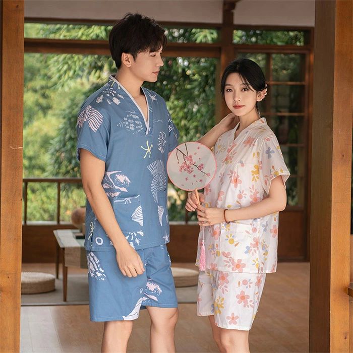 サウナ服 レディース メンズ ペアルック お揃い 夏 夏用 ペアサウナ カップル 夫婦 ルームウェア パジャマ ペアパジャマ セットアップ 上下セット 和風 花柄 半袖 Vネック ショートパンツ ウェストゴム 薄手 快適 通気性良い おしゃ...