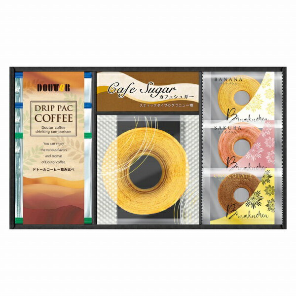 商品仕様 箱サイズ約36.5×21×6.5cm内容●セット内容:ドトールドリップコーヒー（深煎りブレンド）7g×2、ドトールドリップコーヒー（キリマンジャロブレンド）7g×1、スティックシュガー×5、ミルクバウムクーヘン（直径約10.5cm...