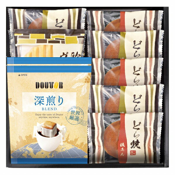 商品仕様 箱サイズ約20×21×4cm内容●セット内容:ドトールドリップコーヒー7g×2、バニラヴァッフェル×1、どら焼き（粒あん・八女抹茶あん各3） ●生豆生産国:ブラジル・コロンビア他 ●加工地:日本【小麦・卵・乳】用途香典返し　満中陰...
