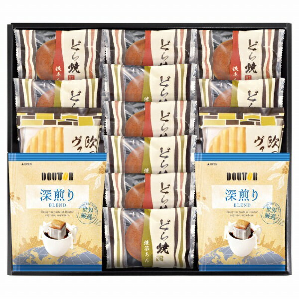 商品仕様 箱サイズ約29×26×4.5cm内容●セット内容:ドトールドリップコーヒー7g・バニラヴァッフェル各2、どら焼き（粒あん・八女抹茶あん各5） ●生豆生産国:ブラジル・コロンビア他 ●加工地:日本【小麦・卵・乳】用途香典返し　満中陰...