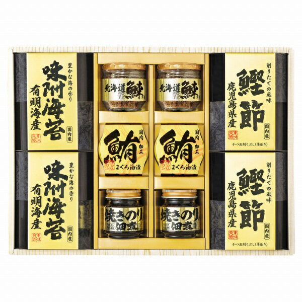 商品仕様 箱サイズ約45×32×8cm内容●セット内容:有明海産味附海苔（8切10枚）・鰹節（3袋入）・鰊フレーク50g・まぐろ油漬け70g・焼きのり入佃煮85g各2 ●加工地:日本（乾海苔/国内産）【小麦・エビ】用途香典返し　満中陰志　粗...