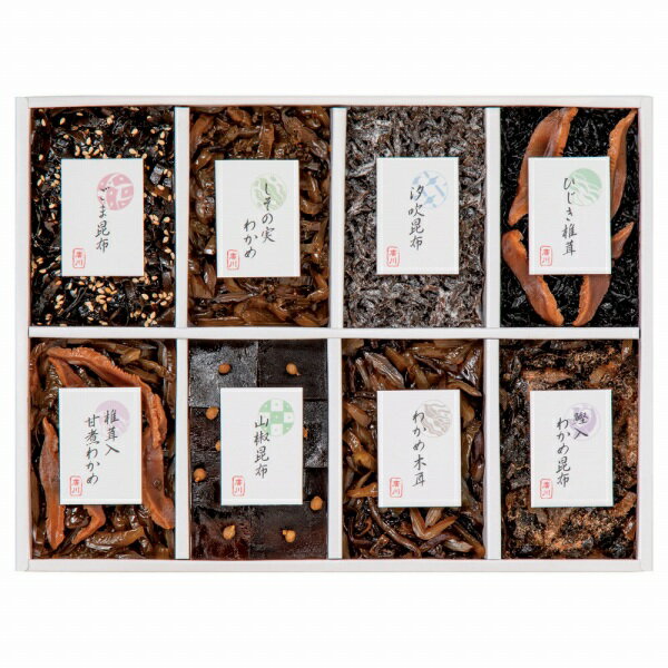 商品仕様 箱サイズ約28×21.5×2.8cm内容●セット内容:ごま昆布45g・しその実わかめ45g・汐吹昆布20g・山椒昆布45g・ひじき椎茸45g・椎茸入甘煮わかめ45g・鰹入わかめ昆布50g・わかめ木耳50g各1 ●加工地:日本【小麦...