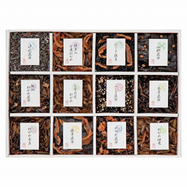 商品仕様 箱サイズ約33×24×2.8cm内容●セット内容:ごま昆布45g・椎茸昆布45g・汐吹昆布20g・しその実わかめ45g・かつお昆布20g・山椒昆布45g・ひじき椎茸45g・わかめ佃煮45g・椎茸入甘煮わかめ45g・鰹入わかめ昆布5...