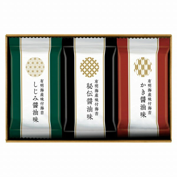 商品仕様 箱サイズ約25.5×16.2×5cm内容●セット内容:有明海産味付海苔 秘伝醤油味（8切4枚）・有明海産味付海苔 しじみ醤油味（8切4枚）・有明海産味付海苔 かき醤油味（8切4枚）各3 ●加工地:日本（乾海苔/国内産）【小麦・エビ...