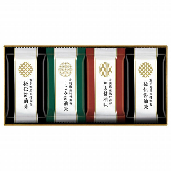 商品仕様 箱サイズ約33.7×16.2×5cm内容●セット内容:有明海産味付海苔 秘伝醤油味（8切4枚）×6、有明海産味付海苔 しじみ醤油味（8切4枚）・有明海産味付海苔 かき醤油味（8切4枚）各3 ●加工地:日本（乾海苔/国内産）【小麦・...