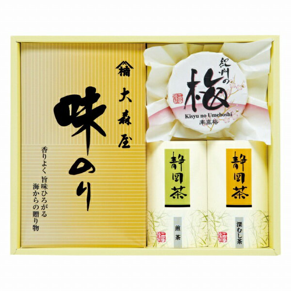 商品仕様 箱サイズ約30.5×25×5cm内容●セット内容:大森屋味のり（8切16枚）・静岡煎茶40g・静岡深蒸し茶40g・紀州南高梅干80g（塩分約8%）各1 ●茶葉原産地:日本 ●加工地:日本（乾海苔・梅/国内産）【小麦・エビ】用途香典...