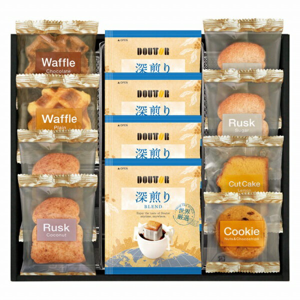 商品仕様 箱サイズ約29×26×4.5cm内容●セット内容:ドトールドリップコーヒー7g×4、ラスク（シュガー・ココナッツ各2）、ワッフル（プレーン・チョコ各1）、ナッツとチョコのざっくりクッキー・レモンケーキ各1 ●生豆生産国:ブラジル・...