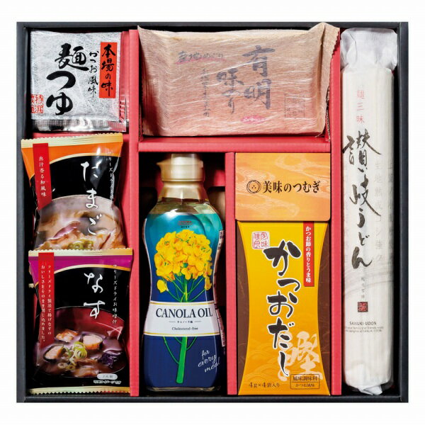 商品仕様 箱サイズ約31×30×7cm内容●セット内容:茄子の味噌汁・たまごスープ・白子のり有明産味のり（8切8枚）・かつおだし（4袋入）・昭和キャノーラ油300g・さぬきうどん180g・めんつゆ30ml各1 ●加工地:日本（乾海苔/国内産...