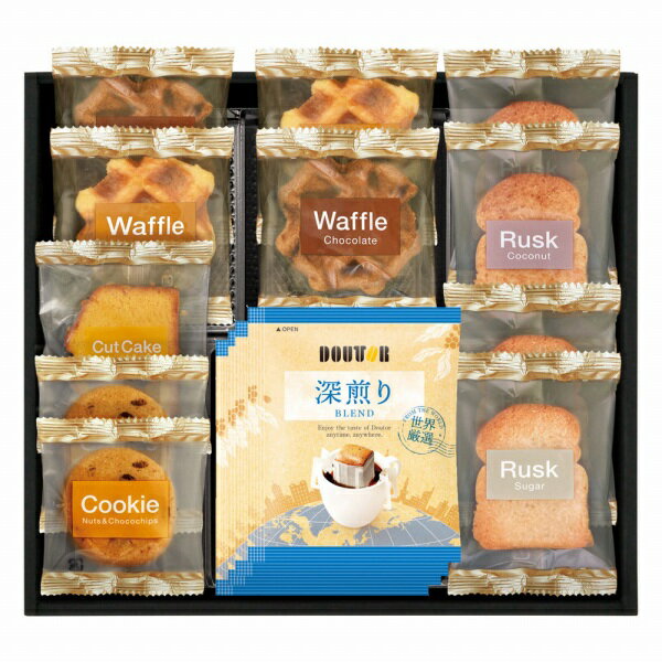 商品仕様 箱サイズ約29×26×4.5cm内容●セット内容:ドトールドリップコーヒー7g×4、ナッツとチョコのざっくりクッキー×2、ラスク（シュガー・ココナッツ各2）、ワッフル（プレーン・チョコ各2）、レモンケーキ×1 ●生豆生産国:ブラジ...
