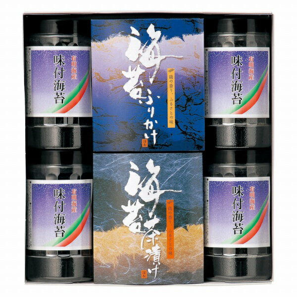 商品仕様 箱サイズ約26.6×28.5×7.8cm内容●セット内容:味付海苔（8切32枚）×4、海苔ふりかけ（4袋入）・海苔茶漬け（4袋入）各1 ●加工地:日本（乾海苔/国内産）【小麦・卵・乳】用途香典返し　満中陰志　粗供養など※メーカー希...