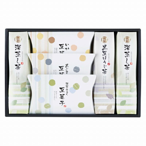 商品仕様 箱サイズ約39.5×25.5×5cm内容●セット内容:深蒸し茶ティーバッグ（7袋）×2、黒豆焙じ茶ティーバッグ（7袋）×1、豆菓子（黒ごま45g・抹茶みるく35g・いか豆32g各1） ●茶葉原産地:日本 ●加工地:日本【小麦・乳・...