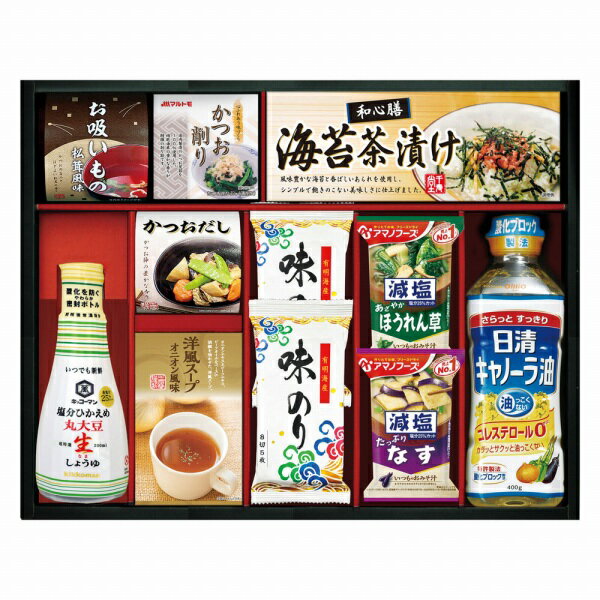 商品仕様 箱サイズ約39.1×32.5×6.5cm内容●セット内容:有明海産味のり（8切5枚）×2、アマノフーズ減塩いつものおみそ汁なす・アマノフーズ減塩いつものおみそ汁ほうれん草・日清キャノーラ油400g・丸美屋洋風スープオニオン風味（5...