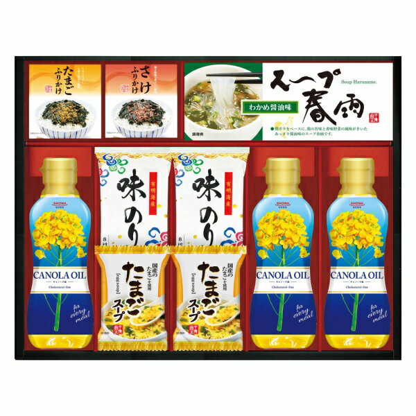 商品仕様 箱サイズ約32.5×39.1×6.5cm内容●セット内容:昭和キャノーラ油300g×3、有明海産味付のり（8切5枚）・たまごスープ各2、スープ春雨わかめ醤油味（2袋入）・丸美屋たまごふりかけ（3袋入）・丸美屋さけふりかけ（3袋入）...