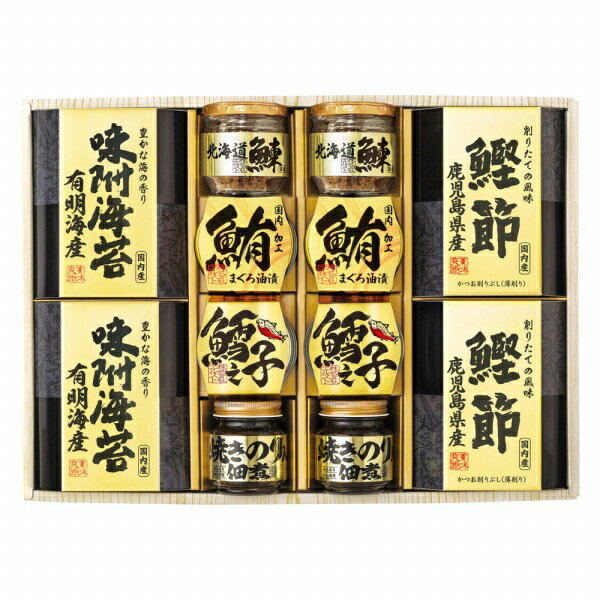 商品仕様 箱サイズ約45×32×8cm内容●セット内容:有明海産味附海苔（8切10枚）・鰹節（3袋入）・鰊フレーク50g・まぐろ油漬け70g・鱈之子味付け固形量45g（内容総量70g）・焼きのり入佃煮85g各2 ●加工地:日本（乾海苔/国内...