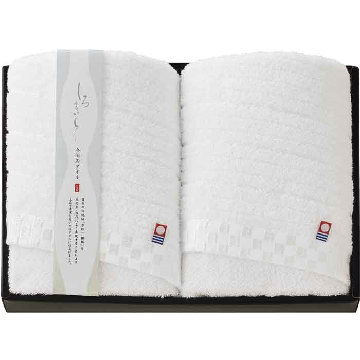 1箱の仕様 内容／フェイスタオル(33×75cm)×2 箱サイズ／225×330×45mm　化粧箱入 重量／0.37kg 材質／綿100% 日本製 日本の伝統柄「市松」と「横縞」を、光沢糸ジャカード織りの凹凸により美しく表現。 上品で清潔感...