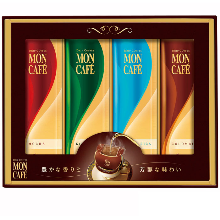 《1箱の内容》 内容／モカブレンド・キリマンジャロブレンド・コロンビアブレンド/各8g×3袋、コスタリカブレンド/7.5g×3袋 箱寸／206×256×38mm　化粧箱入 重量／0.29kgギフト対応