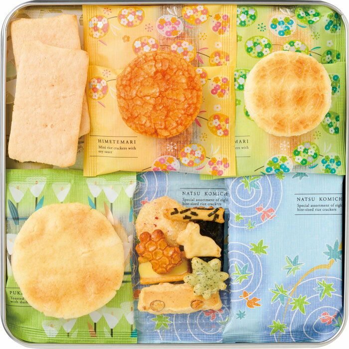 《1缶の内容》 内容／5種類　22袋入 姫てまり　直火焼き醤油（6袋）、ぷかぷか煎だし塩（4袋）、姫てまりやき塩（6袋）、ぐるめ探訪 夏小路（2袋）、かるやき（1袋2枚入）（4袋） 缶入／24×24×7.3cm *主原料(国産うるち米、国産...