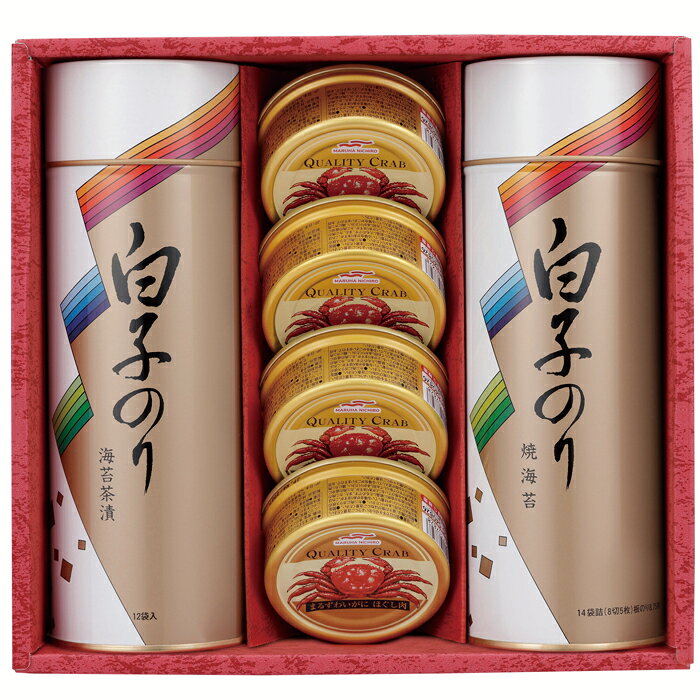 《1箱の内容》 内容／のり茶漬け/12袋、焼のり/14袋詰(8切5枚)、まるずわいがにほぐし肉/55g×4 箱サイズ／240×260×85mm 化粧箱入ギフト対応