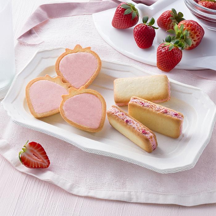 内容／あまおうチョコレートタルト・あまおうバターサンド各8個［日本製］ 箱サイズ／22×20.5×4.7cm・440g アレルゲン／卵・乳成分・小麦・大豆・マカダミアナッツ・アーモンド 賞味期間／製造日より常温約240日 苺のかたちが可愛ら...