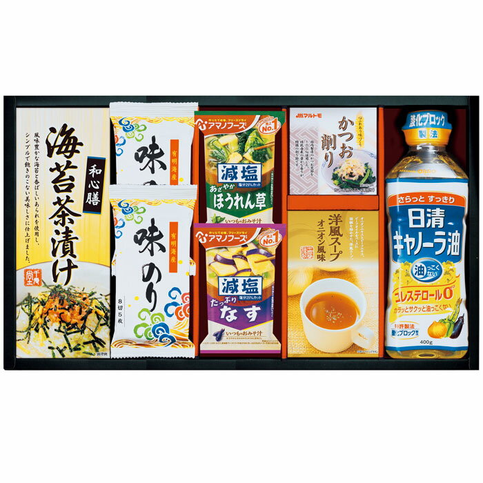 《1箱の内容》 内容／日清キャノーラ油400g・アマノフーズ減塩いつものおみそ汁（なす・ほうれん草）・丸美屋洋風スープオニオン風味（2.5g×5）・マルトモかつおパック（0.7g×3）・有明海産味のり（8切5枚）×2・海苔茶漬け（6g×5）...