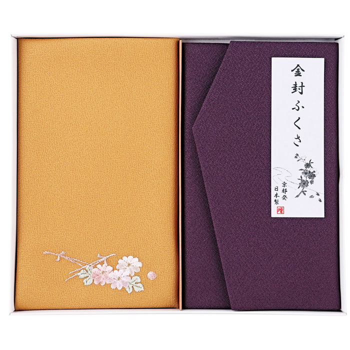 1箱の仕様 内容／刺繍入り金封包み370×380mm・金封ふくさ200×120mm 箱サイズ／215×255×25mm 重量／150g ※風呂敷・金封ふくさに名入れ（刺しゅう含む）は出来ませんギフト対応