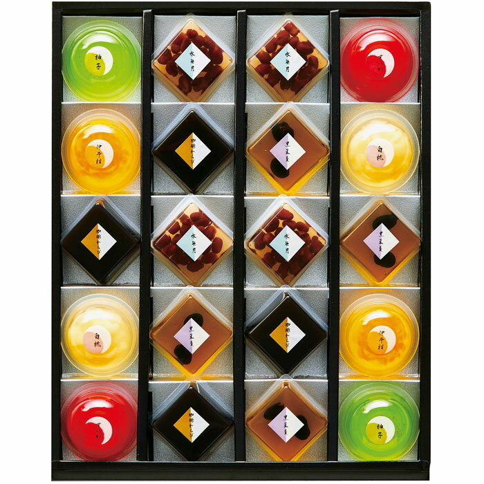 《1箱の内容》 内容／国産果実ゼリー（伊予柑・柚子・白桃・すいか）57g×各2、（黒豆羹52g・水無月54g・珈琲わらび50g）各4 箱サイズ／364×273×59mm 素材本来の美味しさが愉しめる和菓子と、国産果実の美味しさ広がるフルーツ...