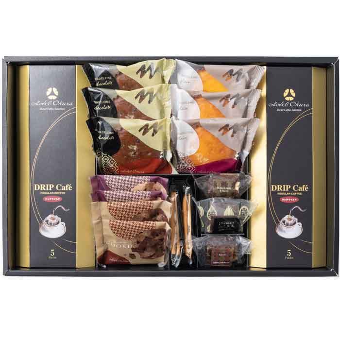 《1箱の内容》 内容／マドレーヌ（プレーン・チョコ）×各3、レーズンサンド・レーズンクッキー・チョコチップクッキー・ドリップ珈琲リッチマイルド40g（8g×5袋）×各2個、ブラウニー（ネーブル・ドライフルーツ＆ナッツ）・チョコレートケーキ×...