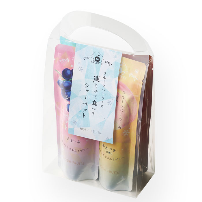 内容／島そだち・あかつき（白桃）・瀬戸内レモン・ピオーネ×各1袋　各80g ※こちらの商品はのし・包装を承ることができません。 箱サイズ／60×130×232mm 【※期間限定3月～10月】 国産フルーツを使用したジュレを凍らせて食べるシャ...