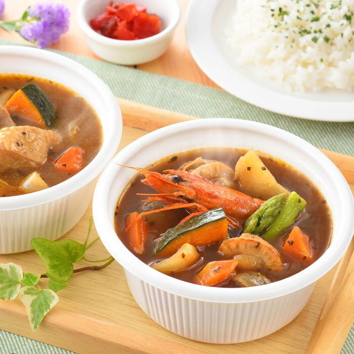 内容／シーフード・チキン 各300g×2個 箱サイズ／260×275×65mm アレルゲン／小麦・えび 賞味期限／冷凍90日 【配送方法】　クール便(冷凍) 【商品の出荷期間】　8月8日まで 海鮮素材の出汁と風味が香る「シーフード」と、北海...