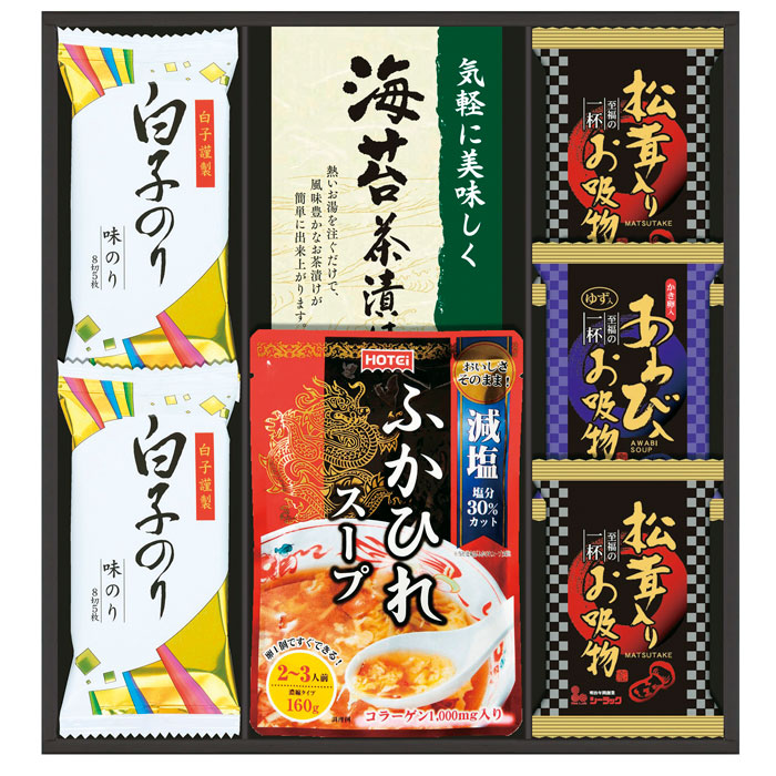 《1箱の内容》 内容／ふかひれスープ160g・あわび入お吸い物・松茸入りお吸い物×2・丸美屋のり茶漬け（6g×2袋）・白子のり（8切5枚）×2 箱サイズ／290×292×42mm 生産地：日本 あわび・松茸の高級素材を使ったフリーズドライと...