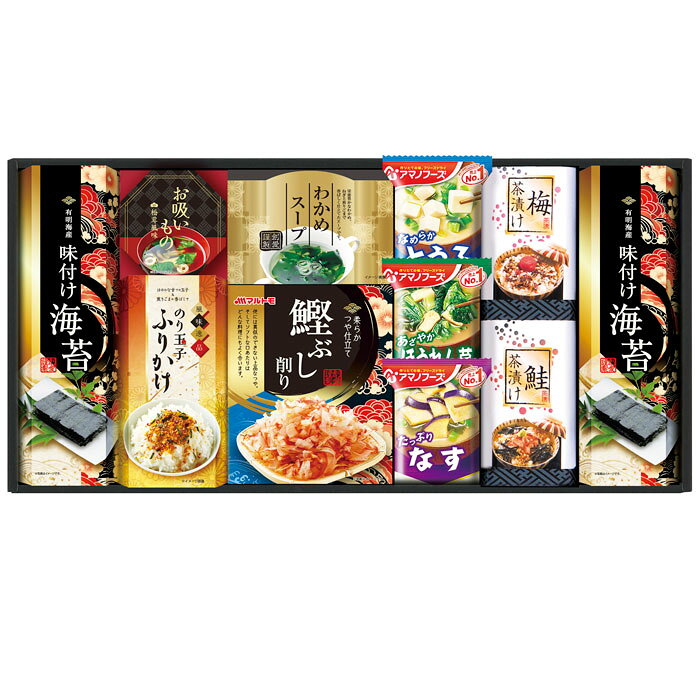 《1箱の内容》 内容／有明海産味付海苔（8切4枚×2袋）×2・永谷園お吸いもの松茸風味（2.3g×2袋）・のり玉子ふりかけ（4.5g×2袋）・わかめスープ（5.3g×2袋）・アマノおみそ汁（とうふ・ほうれん草・なす）・マルトモ鰹ぶし削り（2...